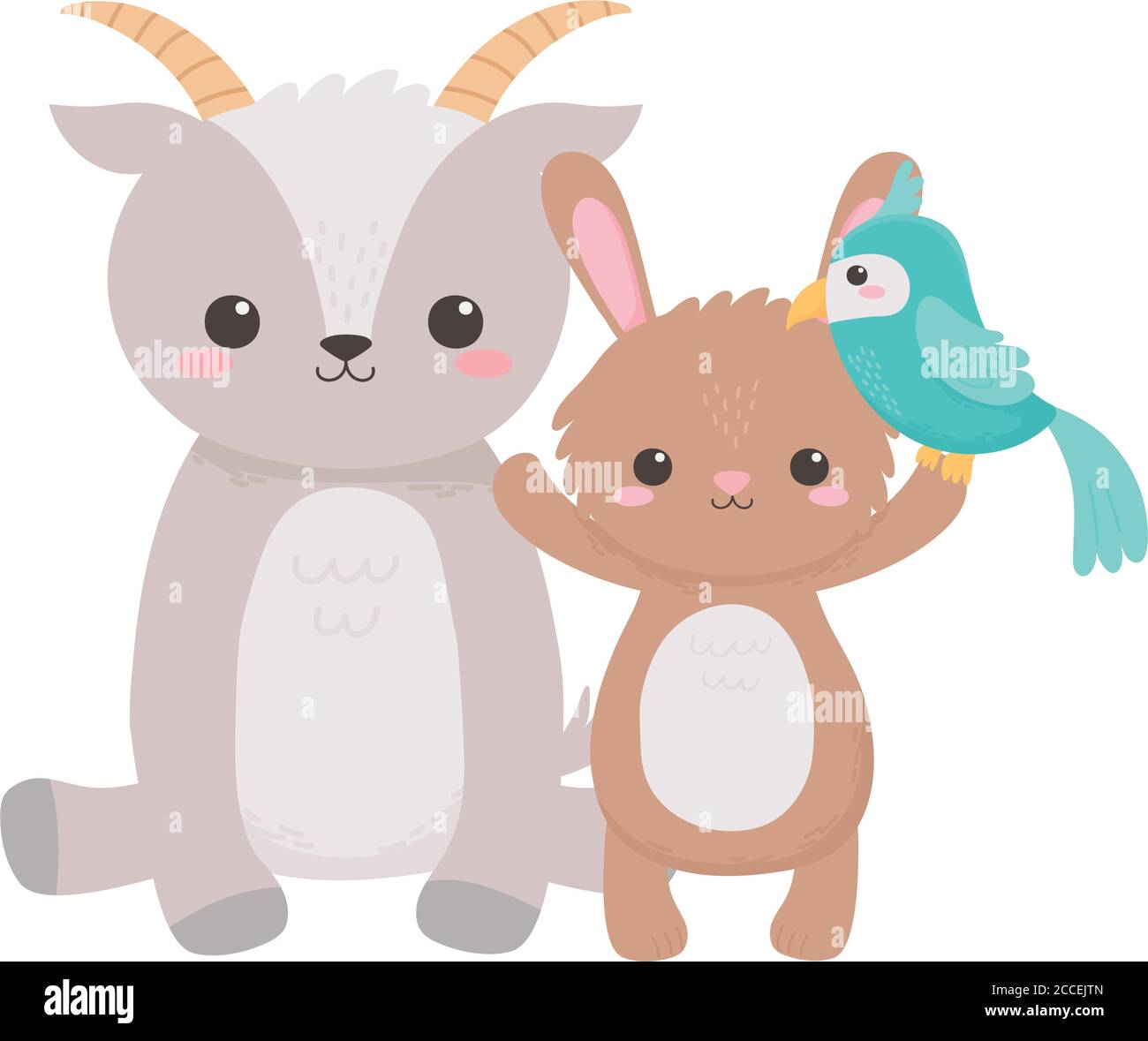 cute goat rabbit parrot and flowers cartoon animals vector illustration ...