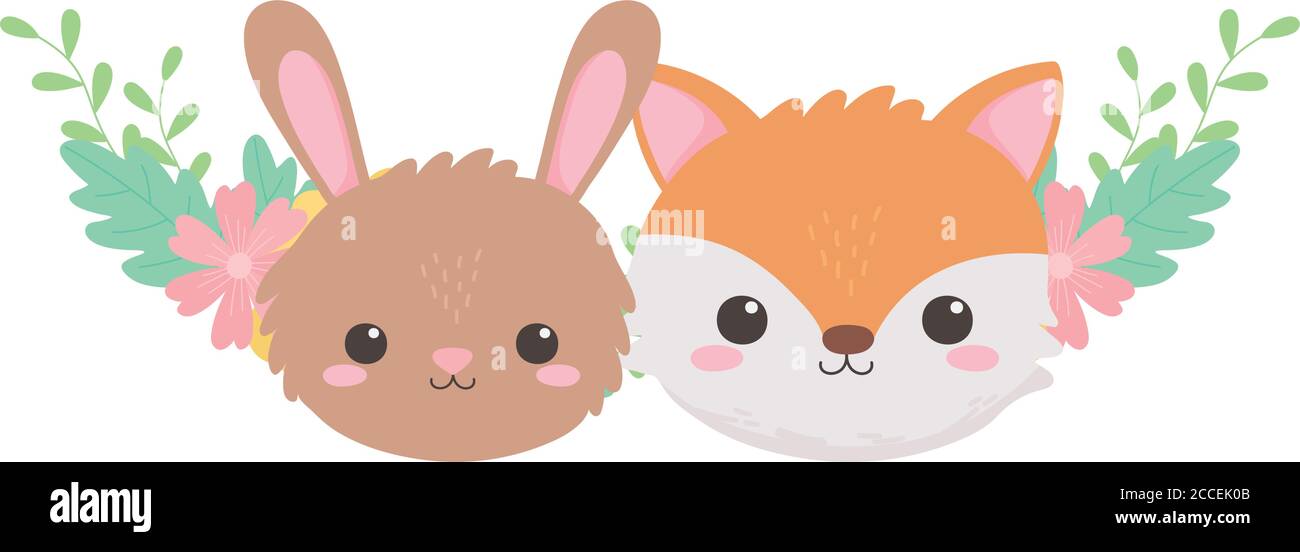 cute rabbit fox faces hearts leaves cartoon animals isolated white ...