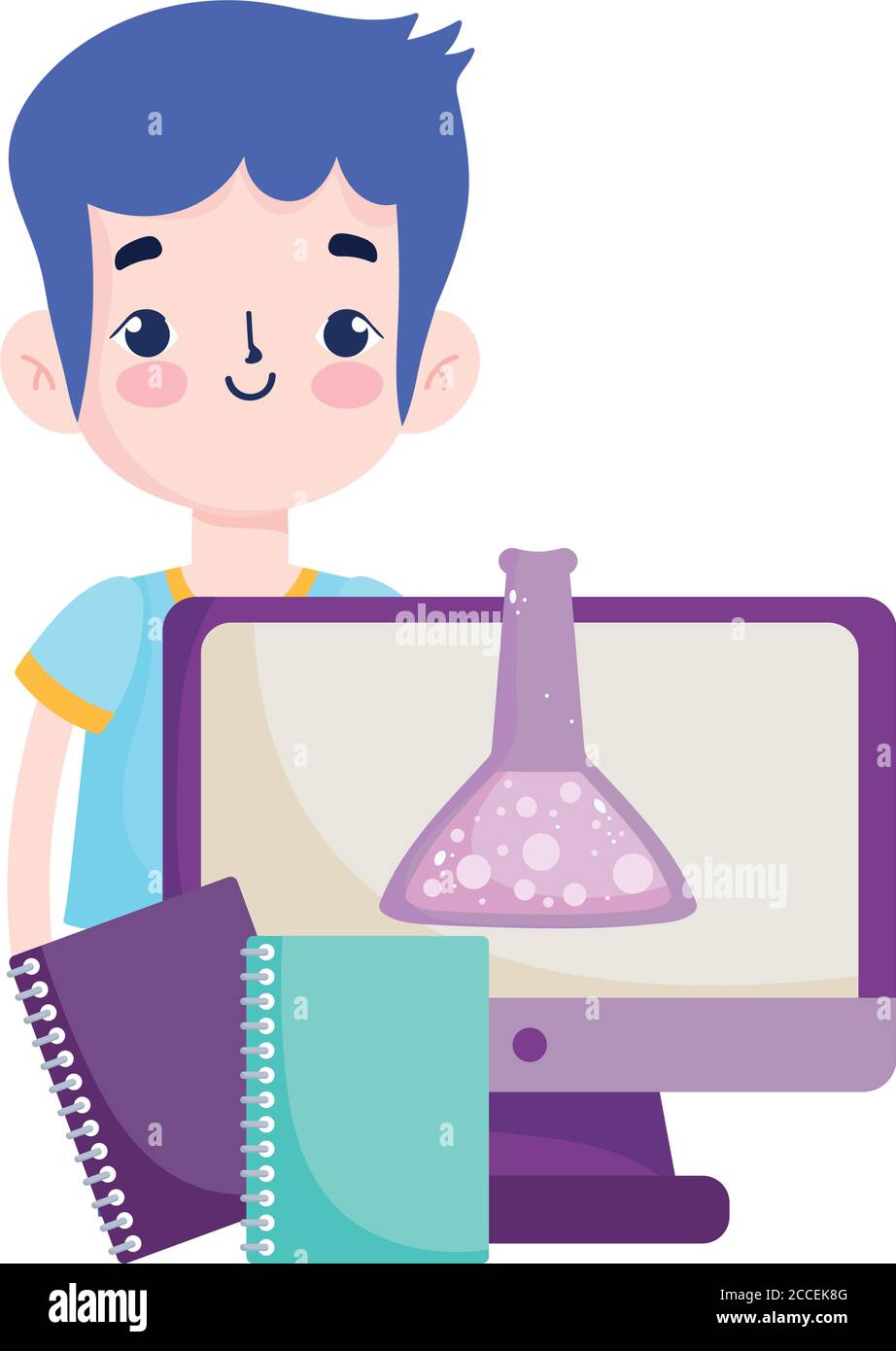 back to school, student boy textbooks computer chemistry test tube ...