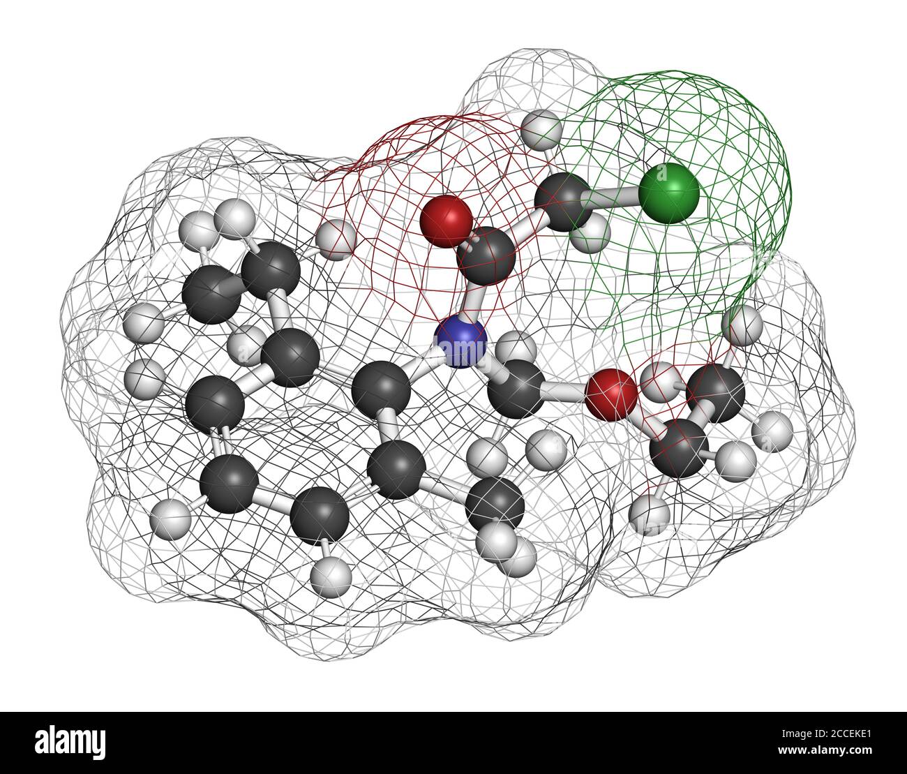 Acetochlor herbicide molecule. 3D rendering. Atoms are represented as ...