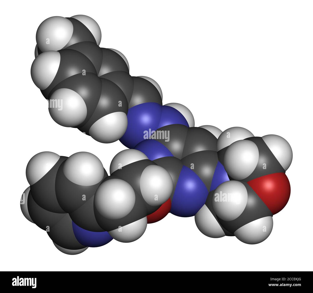 Apilimod drug molecule (PIKfyve inhibitor). 3D rendering. Atoms are ...