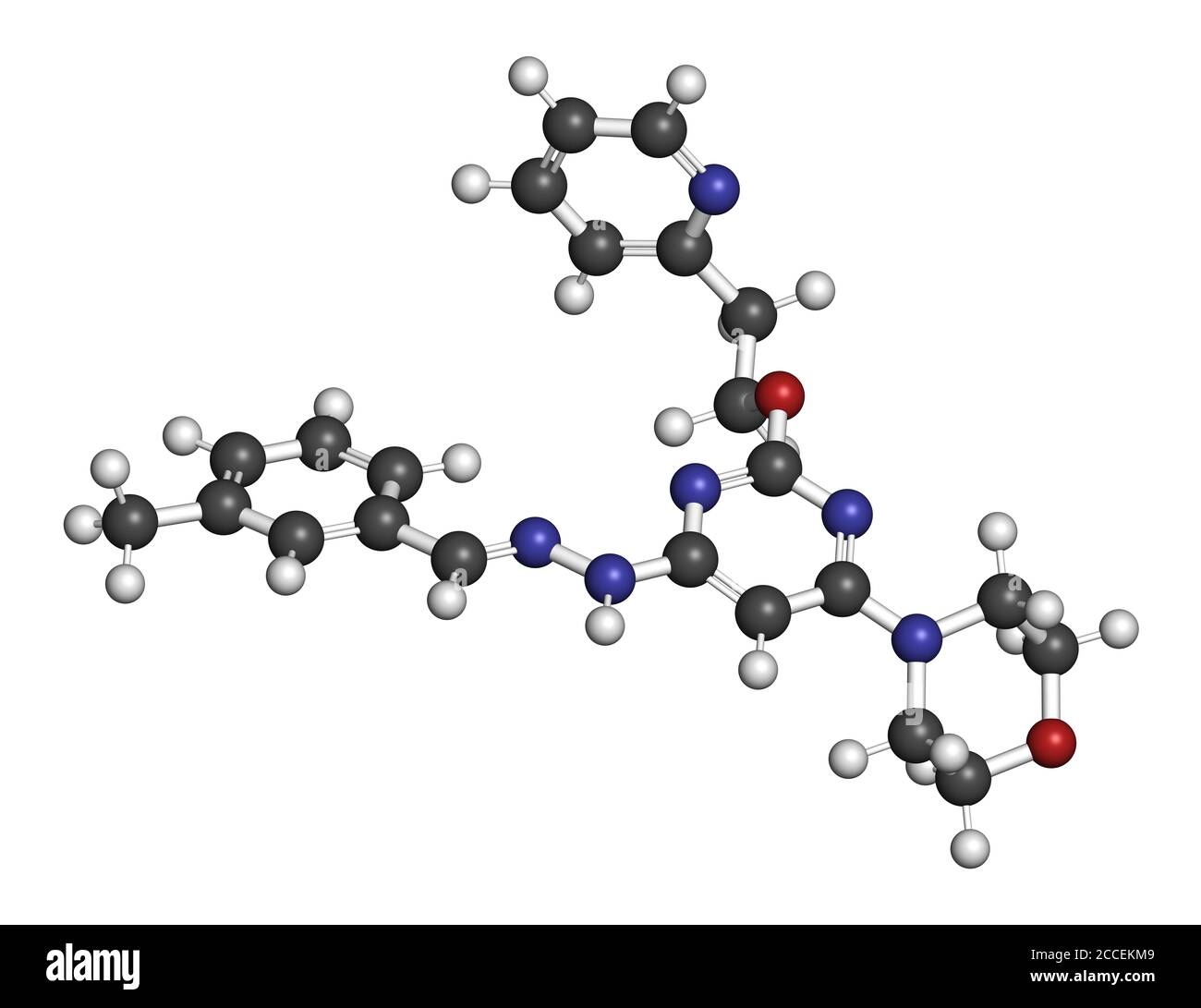 Apilimod drug molecule (PIKfyve inhibitor). 3D rendering. Atoms are ...