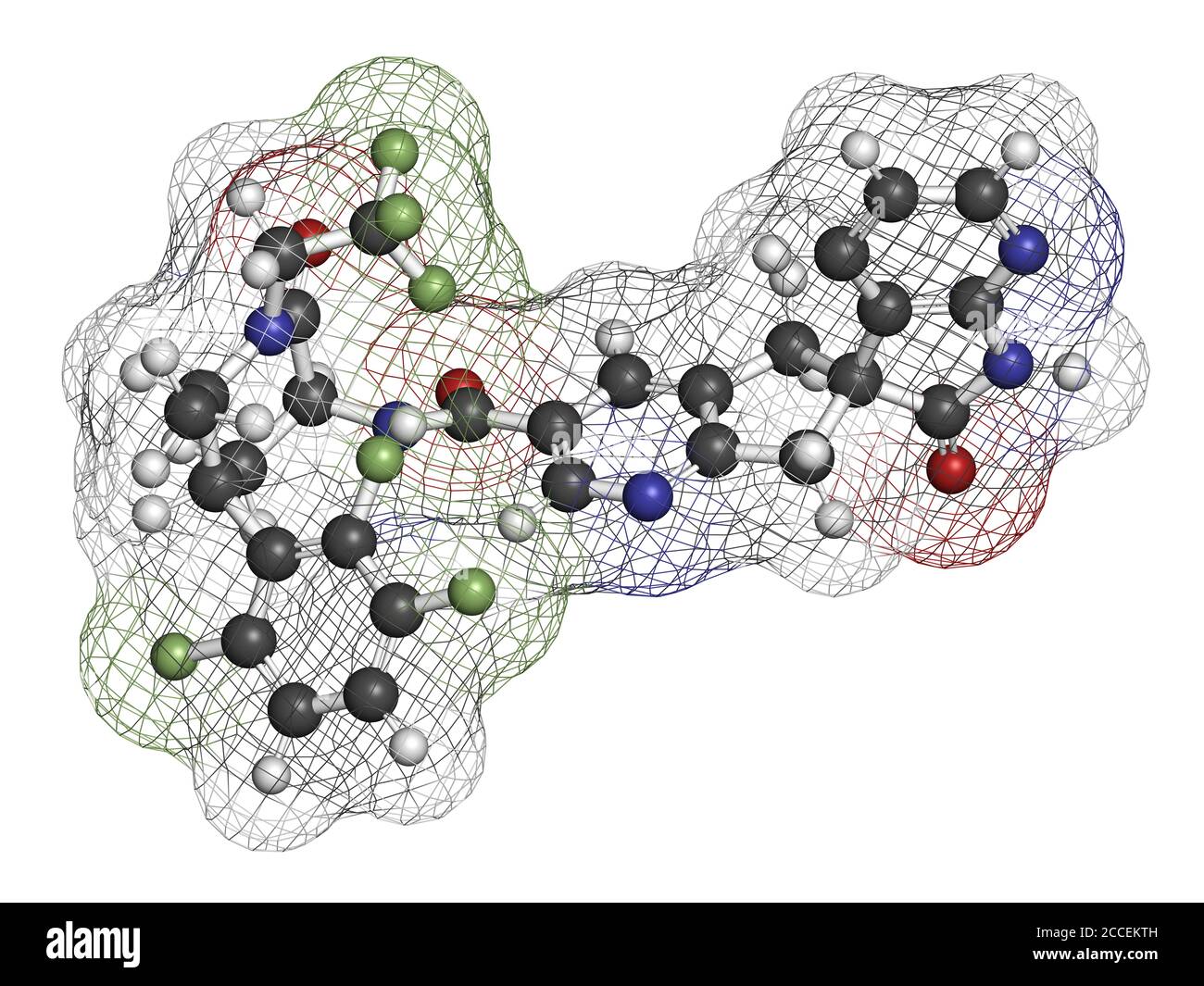 Atogepant migraine drug molecule (CGRP inhibitor). 3D rendering. Atoms ...