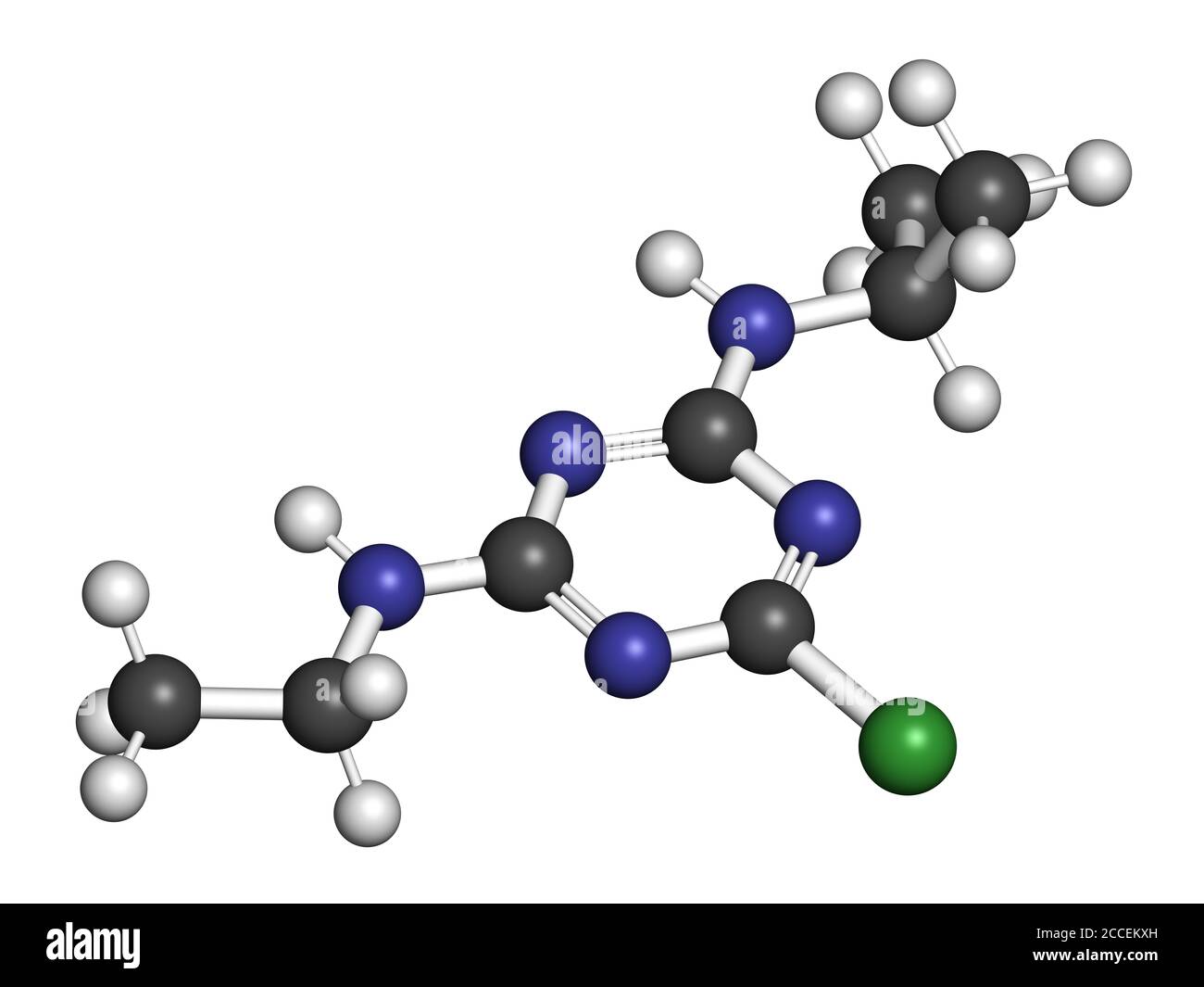 Atrazine broadleaf herbicide molecule. 3D rendering. Atoms are ...