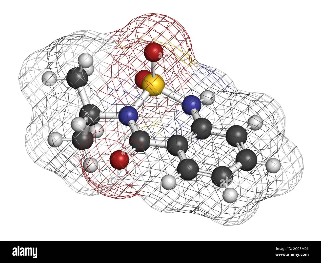 Bentazon herbicide molecule. 3D rendering. Atoms are represented as ...