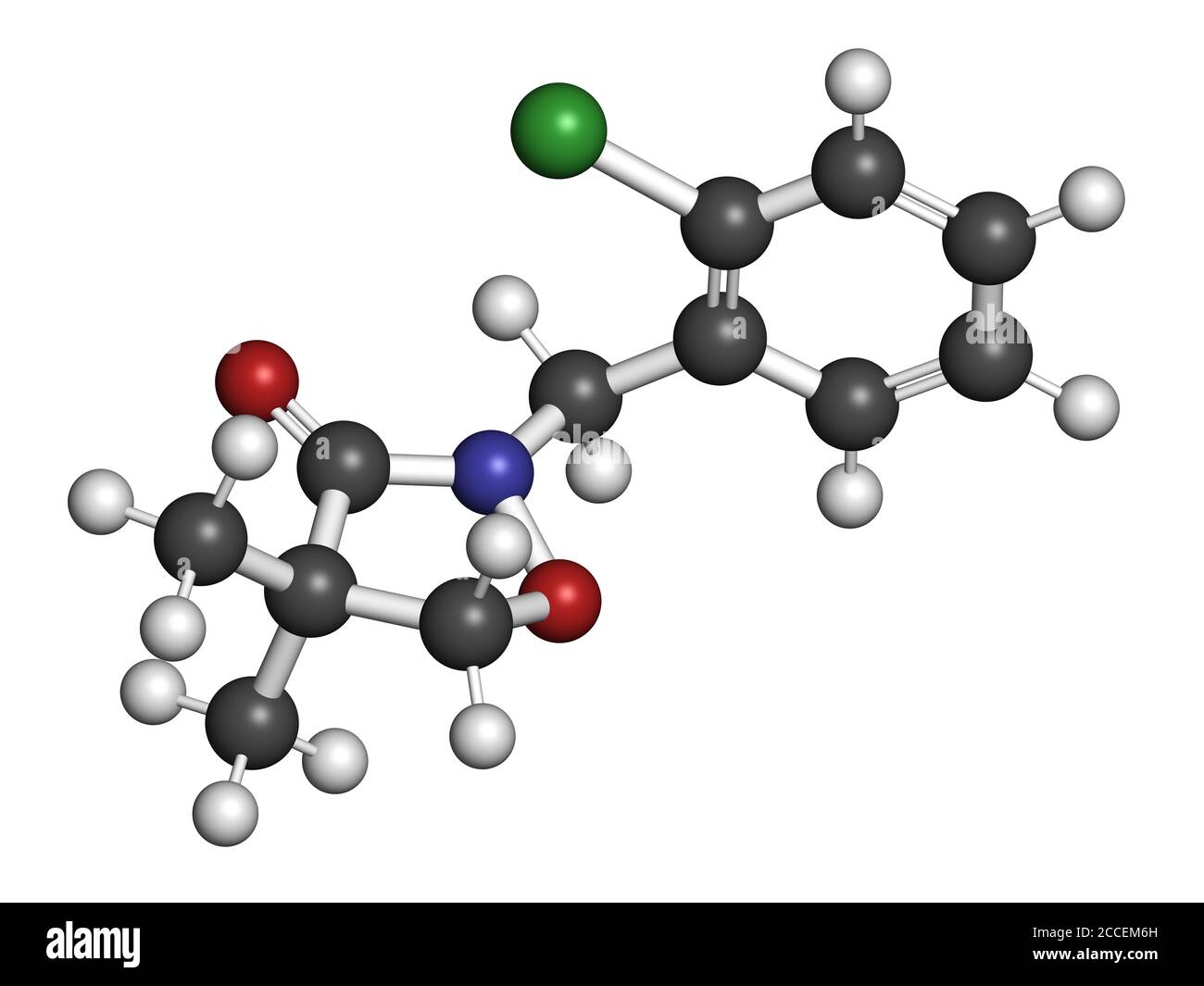 Clomazone herbicide molecule. 3D rendering. Atoms are represented as ...