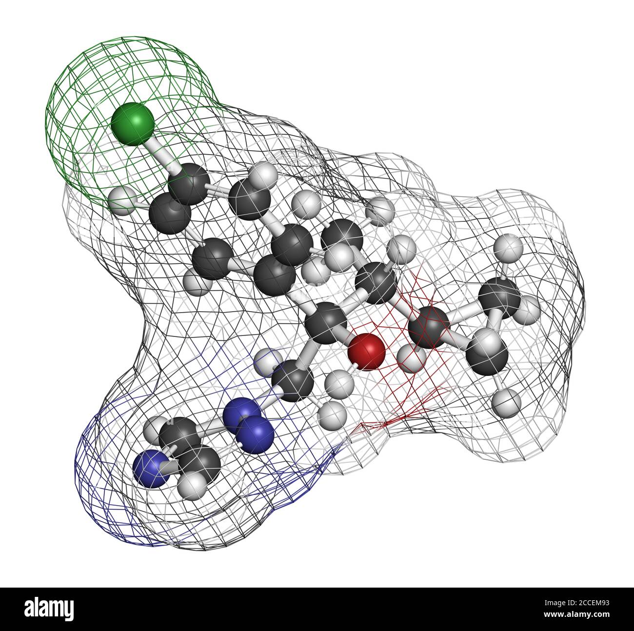 Cyproconazole fungicide molecule. 3D rendering. Atoms are represented ...