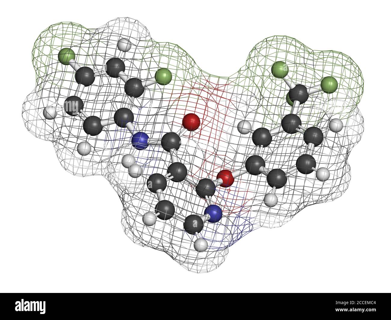 Diflufenican herbicide molecule. 3D rendering. Atoms are represented as ...