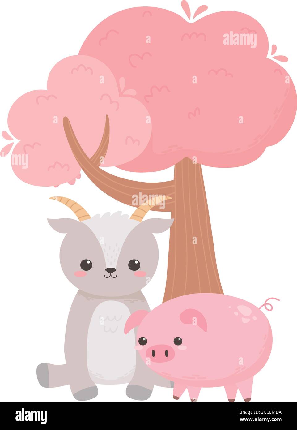 cute goat and pig flowers tree bush cartoon animals vector illustration ...