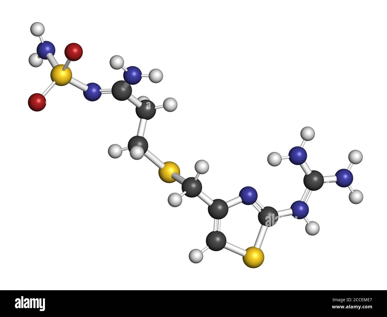 Famotidine drug molecule. 3D rendering. Atoms are represented as ...