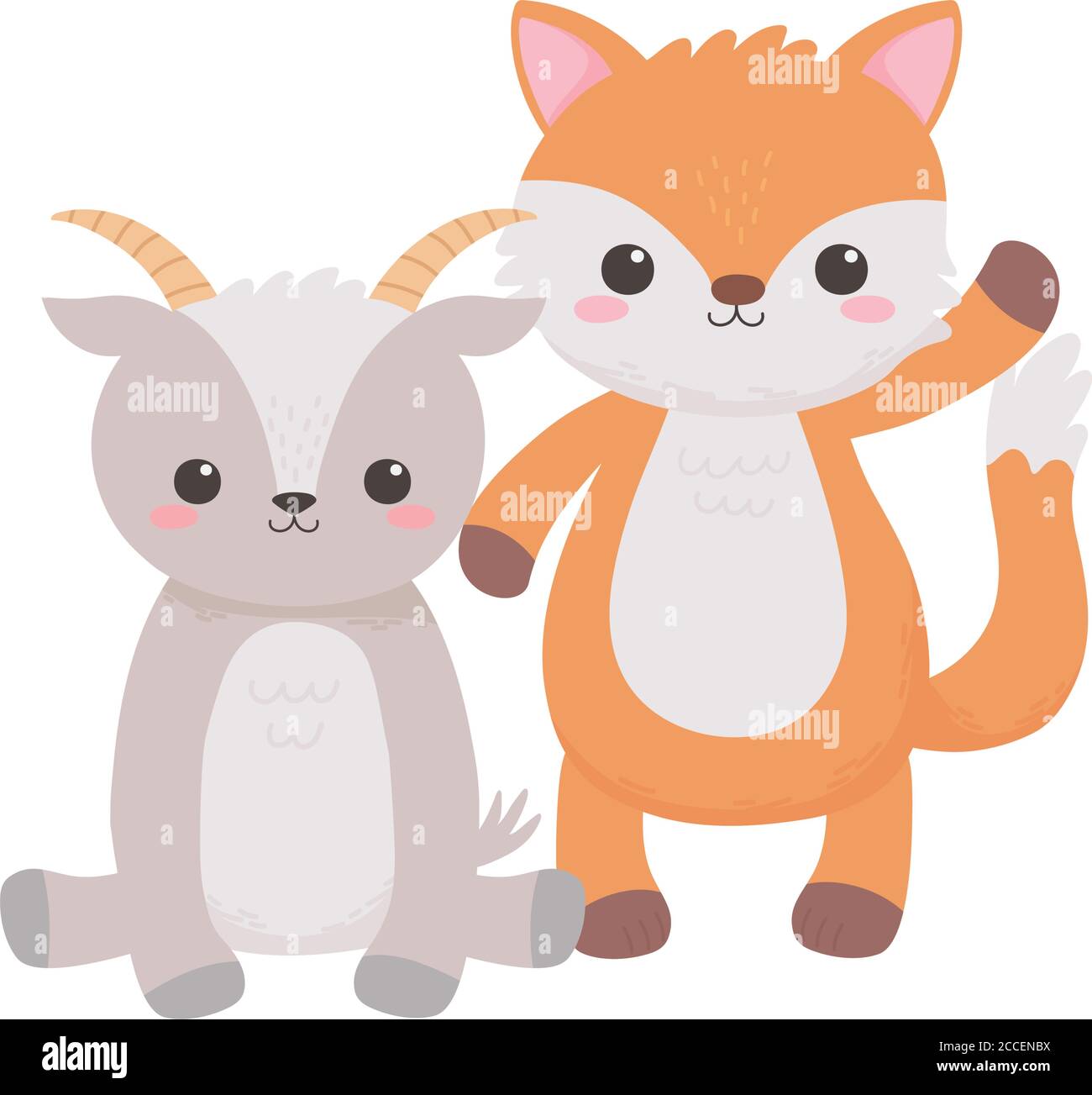 little cute fox and goat cartoon animals isolated white background ...