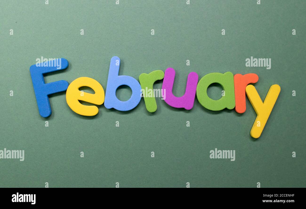 Word "February" written with color sponge Stock Photo - Alamy