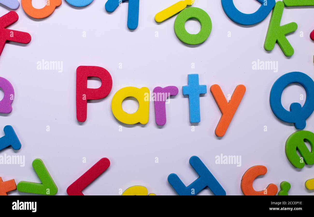 Word Party written with color sponge Stock Photo - Alamy