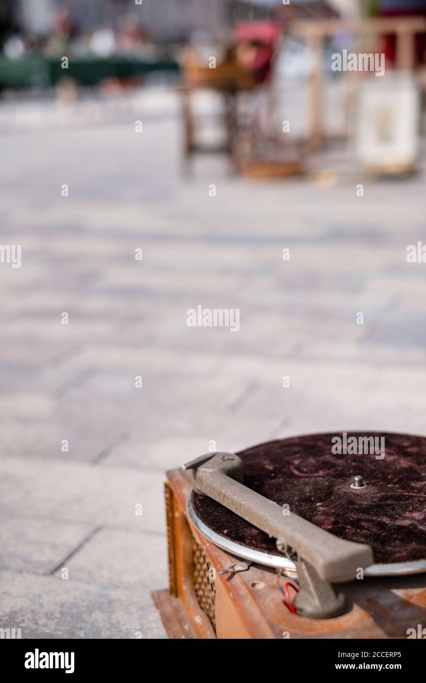 Old gramophone stands on the floor of a flea market Stock Photo - Alamy