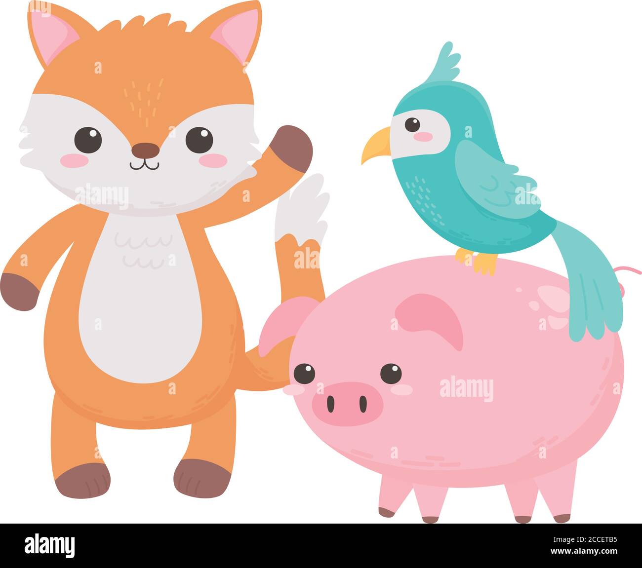 cute little fox pig parrot flowers bush cartoon animals vector ...