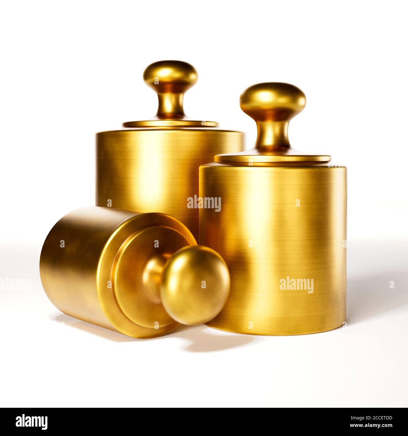 Three brass weights on white background 3D illustration Stock Photo - Alamy