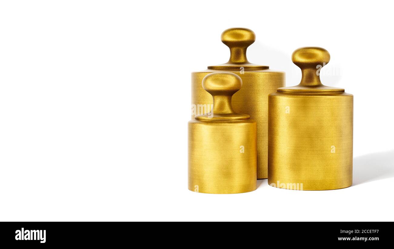 Three brass weights on white background 3D illustration Stock Photo - Alamy