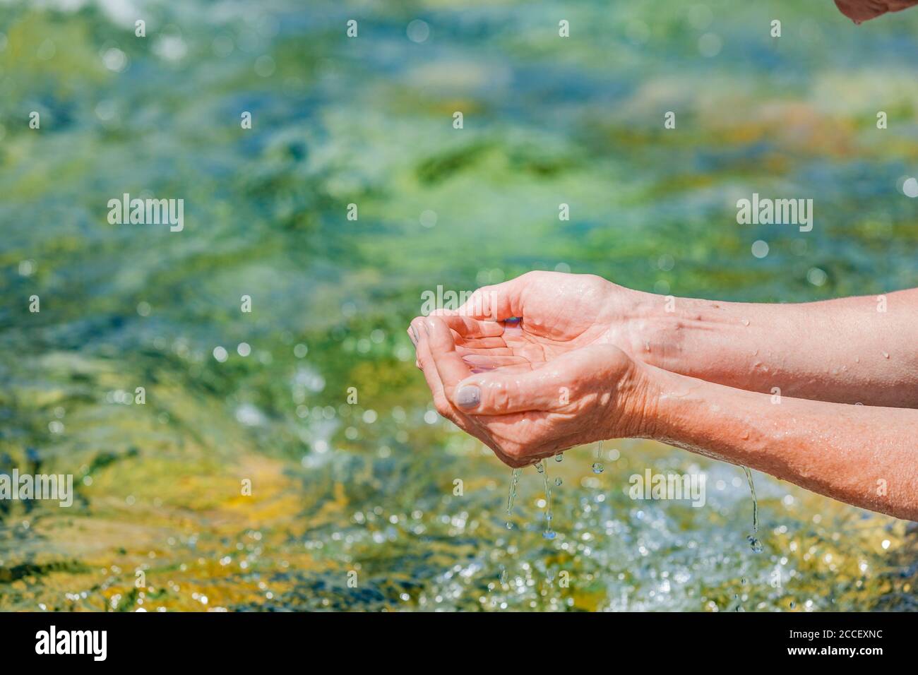 Hands draw water from a mountain stream hi-res stock photography and ...
