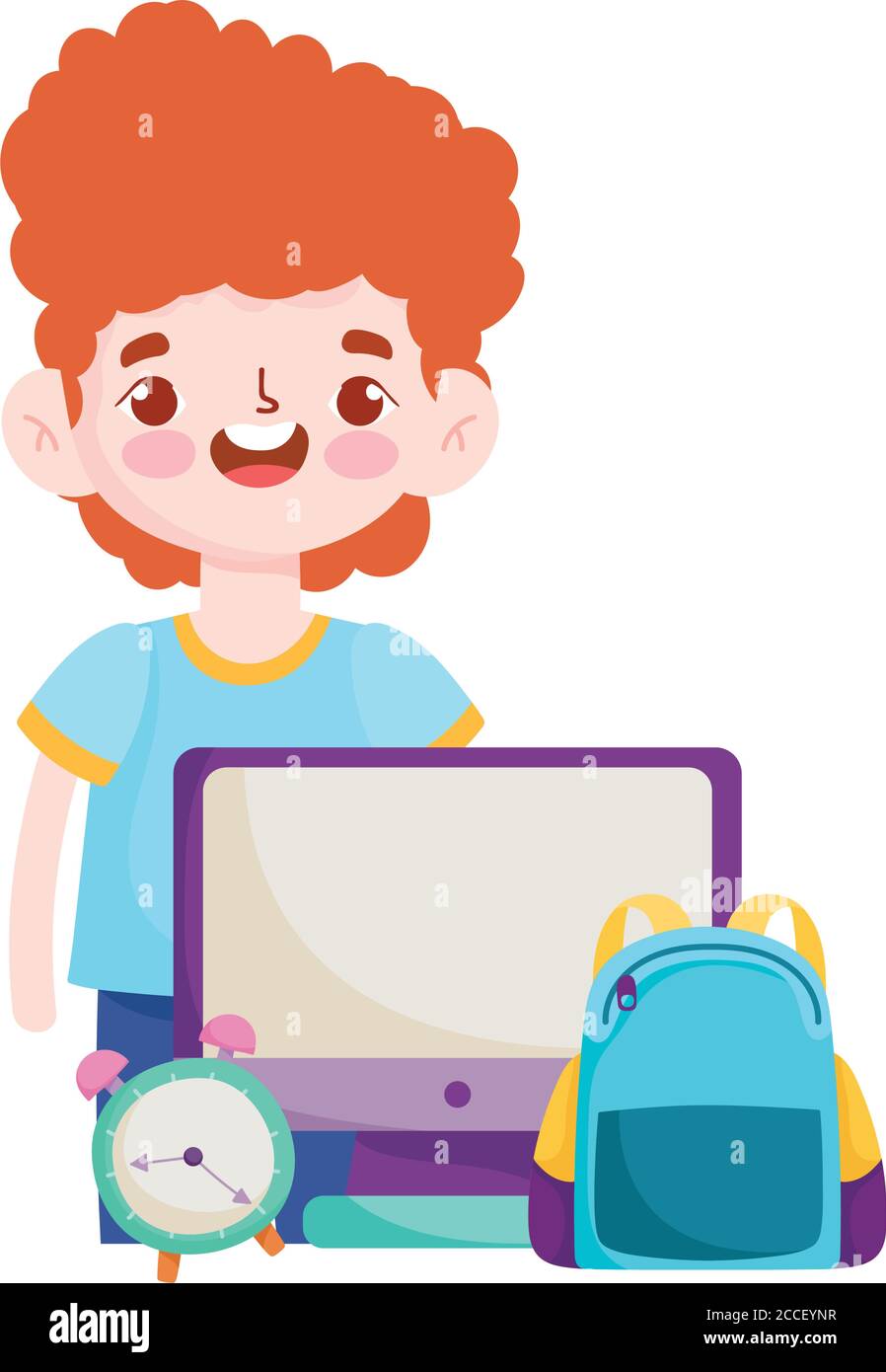 back to school, student boy computer bag and clock elementary education ...