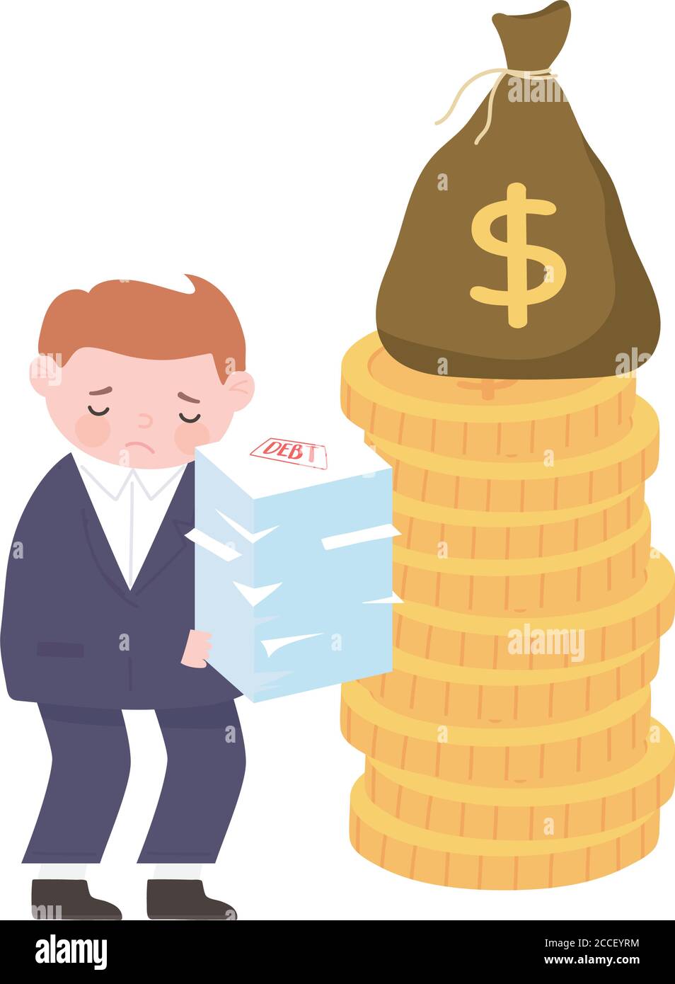 bankruptcy sad businessman stack of papers coins and money bag business ...