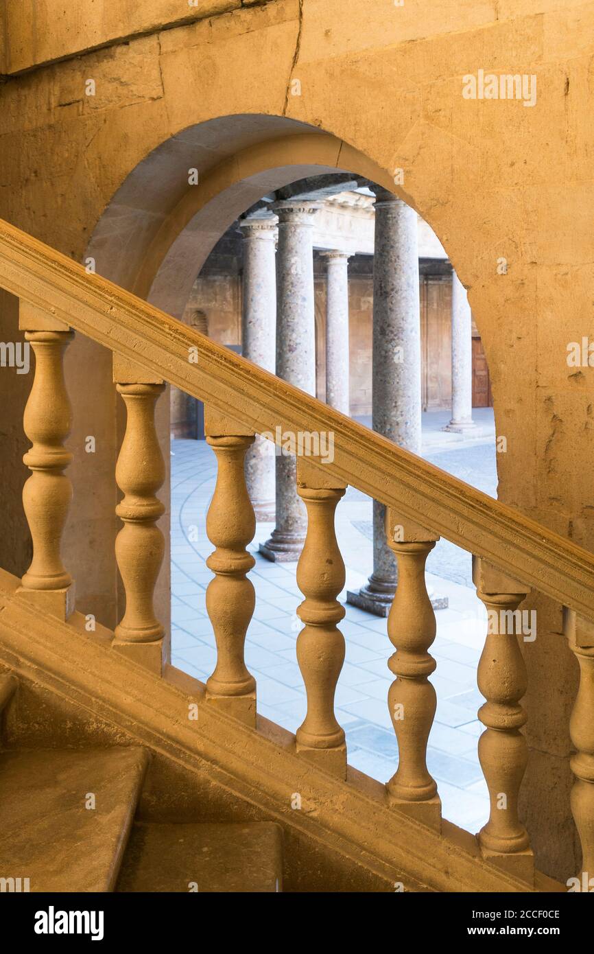 Granada (Spain), Alhambra, Palacio de Carlos V., staircase Stock Photo ...