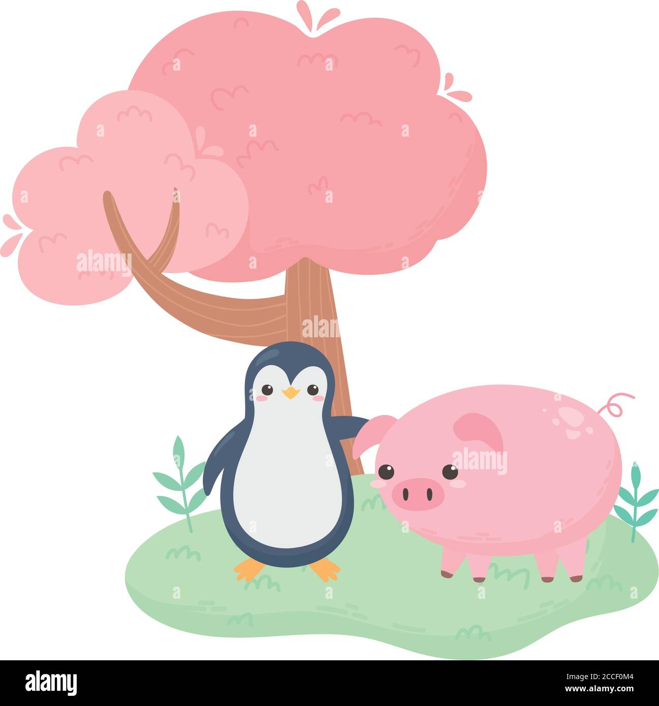 little penguin and pig tree cartoon animals in a natural landscape ...