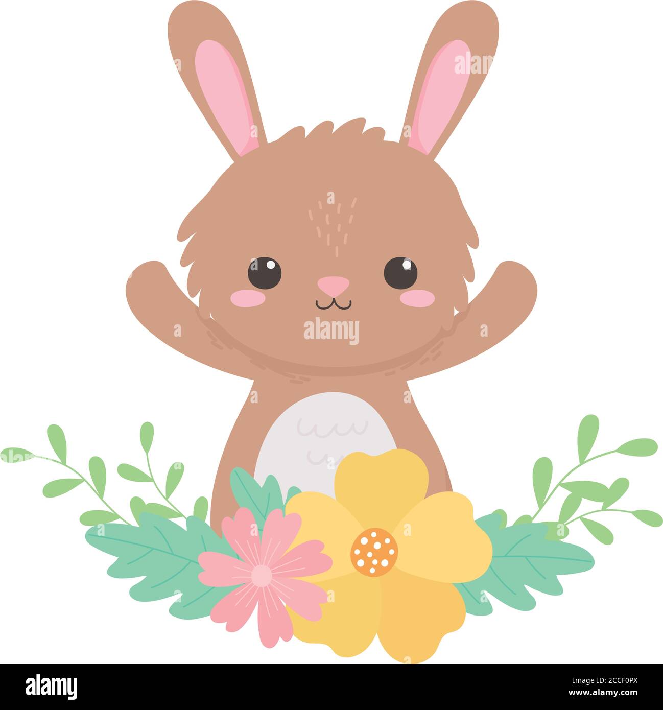 little rabbit flowers leaves foliage cartoon animal vector illustration ...