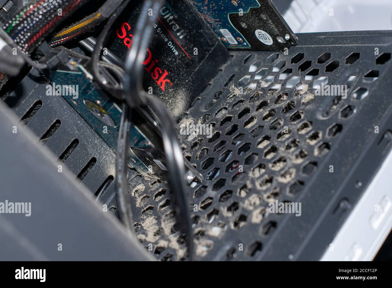 Dust inside opened gaming computer for maintenance purposes Stock Photo ...