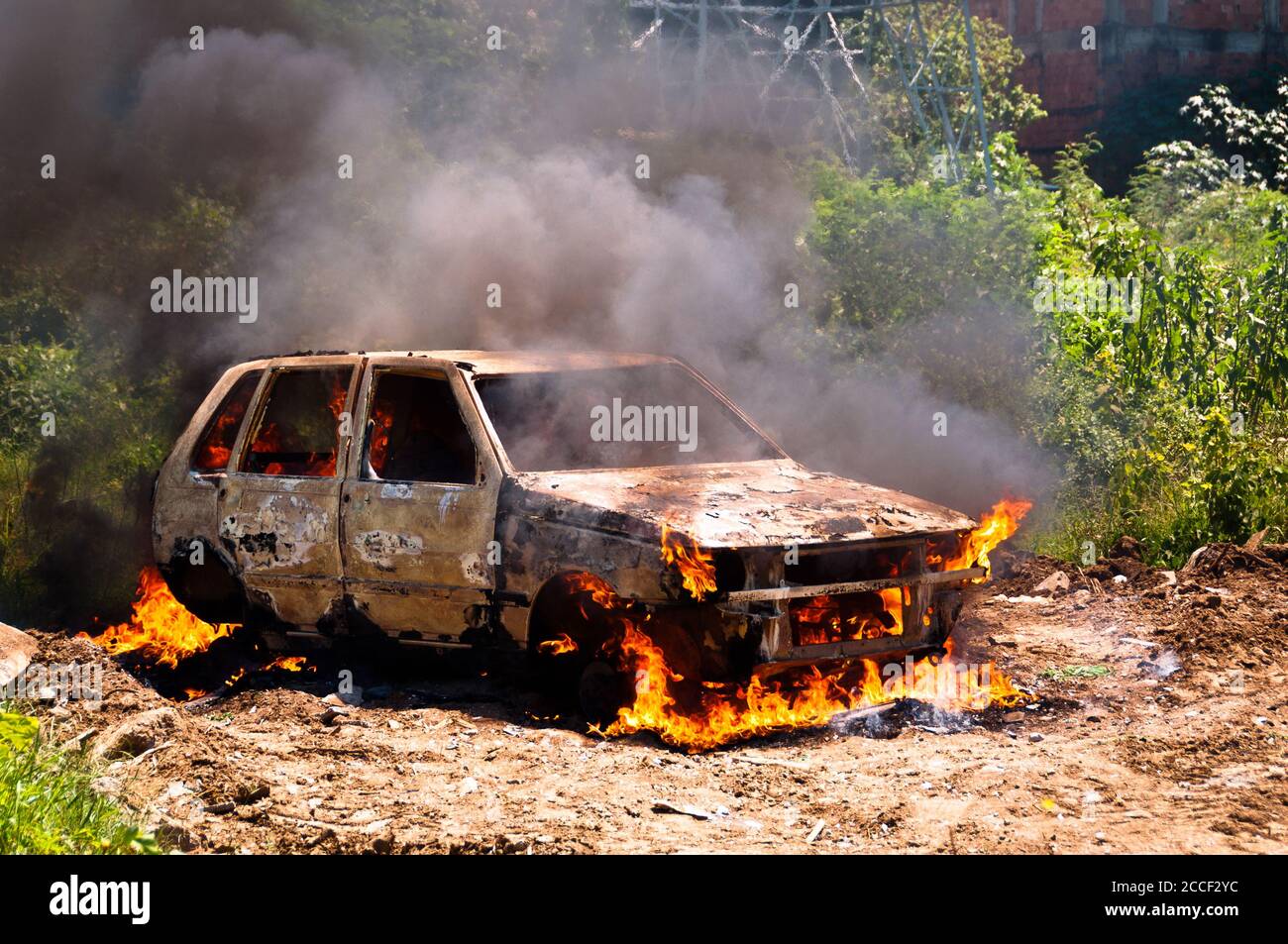 Transportation damaged burning flame destruction hi-res stock ...