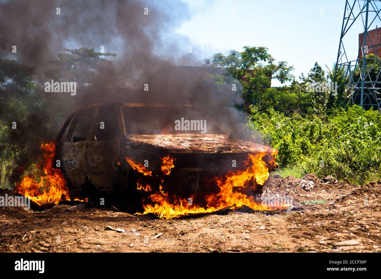 Transportation damaged burning flame destruction hi-res stock ...