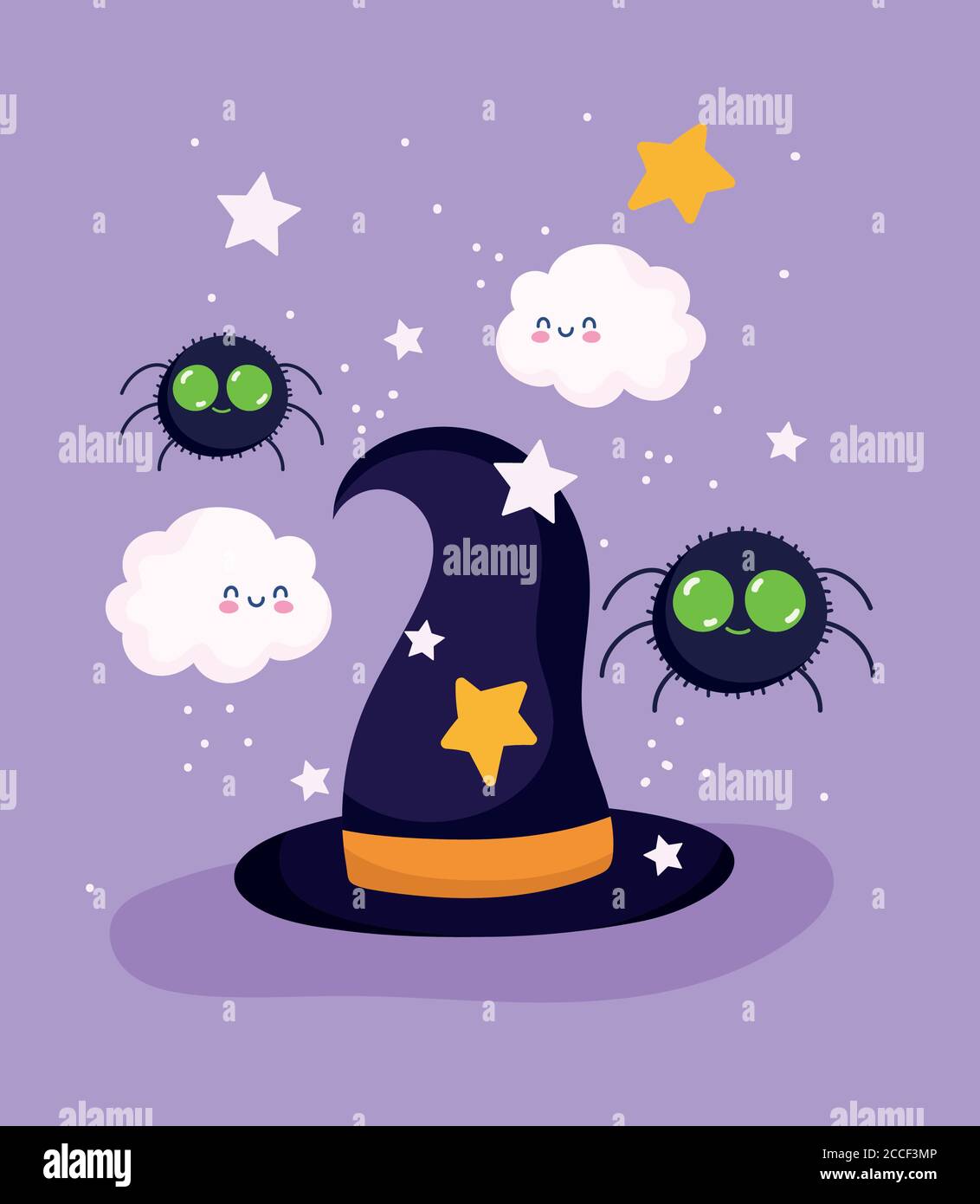 happy halloween, witch hat spider clouds stars trick or treat party ...