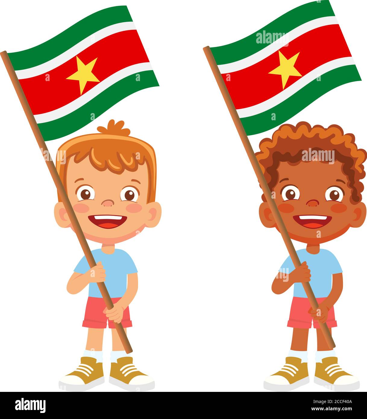 Suriname flag in hand. Children holding flag. National flag of Suriname vector Stock Vector ...