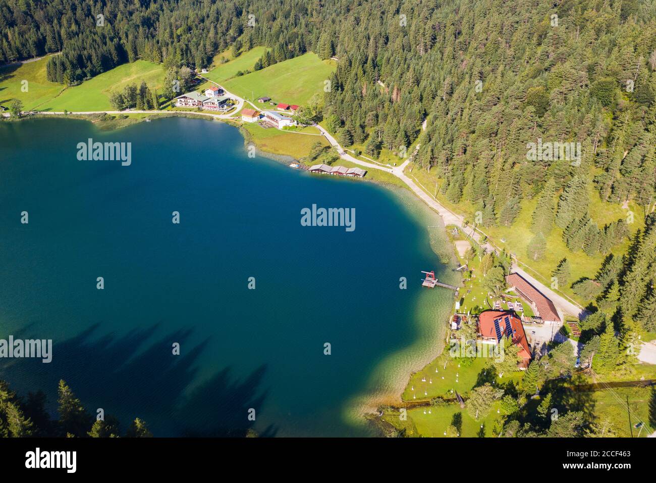Lautersee with lido, near Mittenwald, aerial view, Werdenfelser Land ...