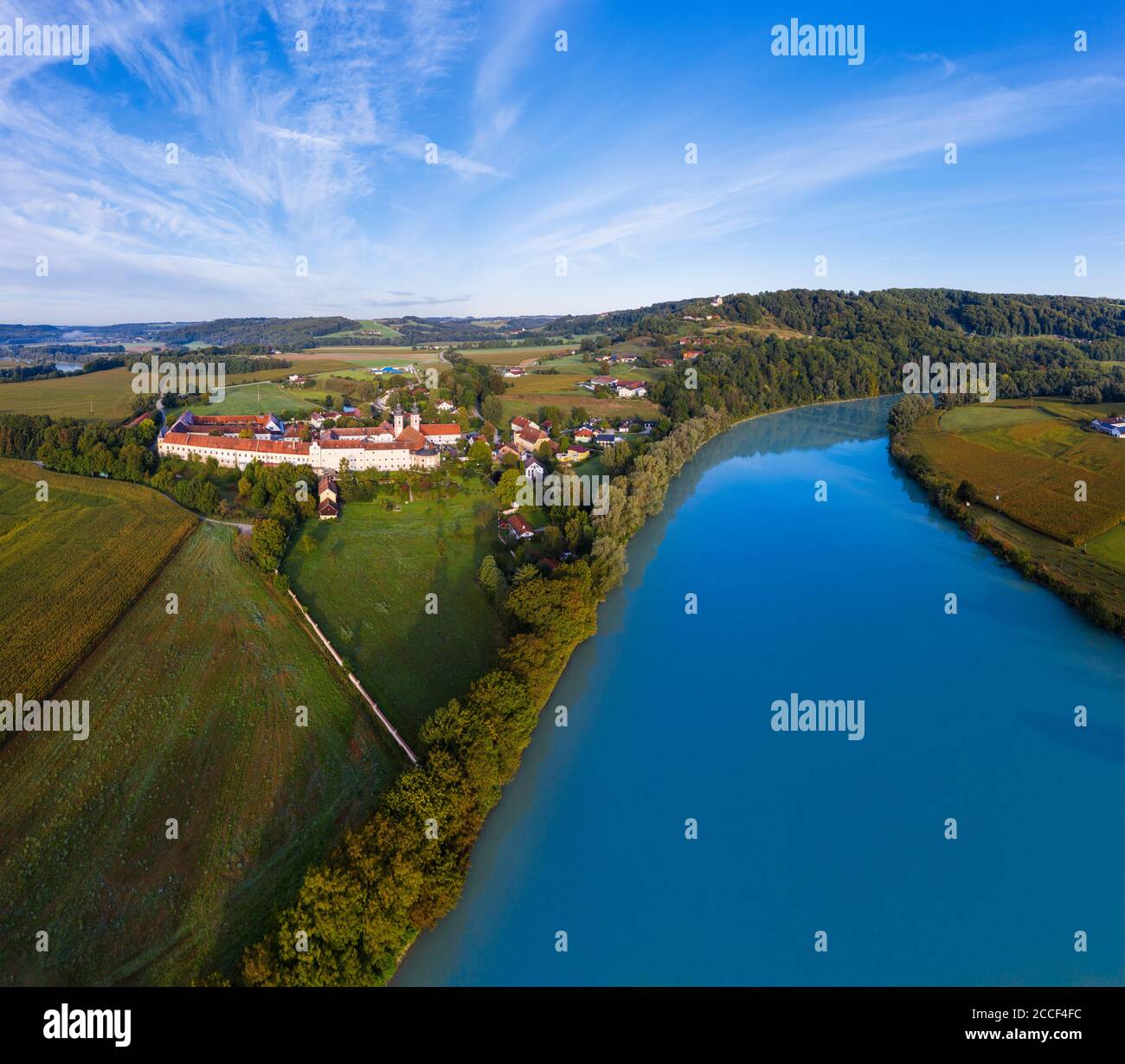 Inn with Au am Inn monastery, at Gars am Inn, aerial view, Upper ...