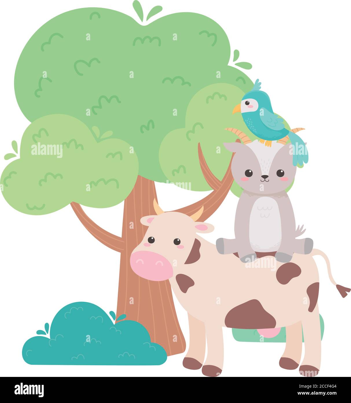 cute cow with goat and parrot tree leaves cartoon animals in a natural ...