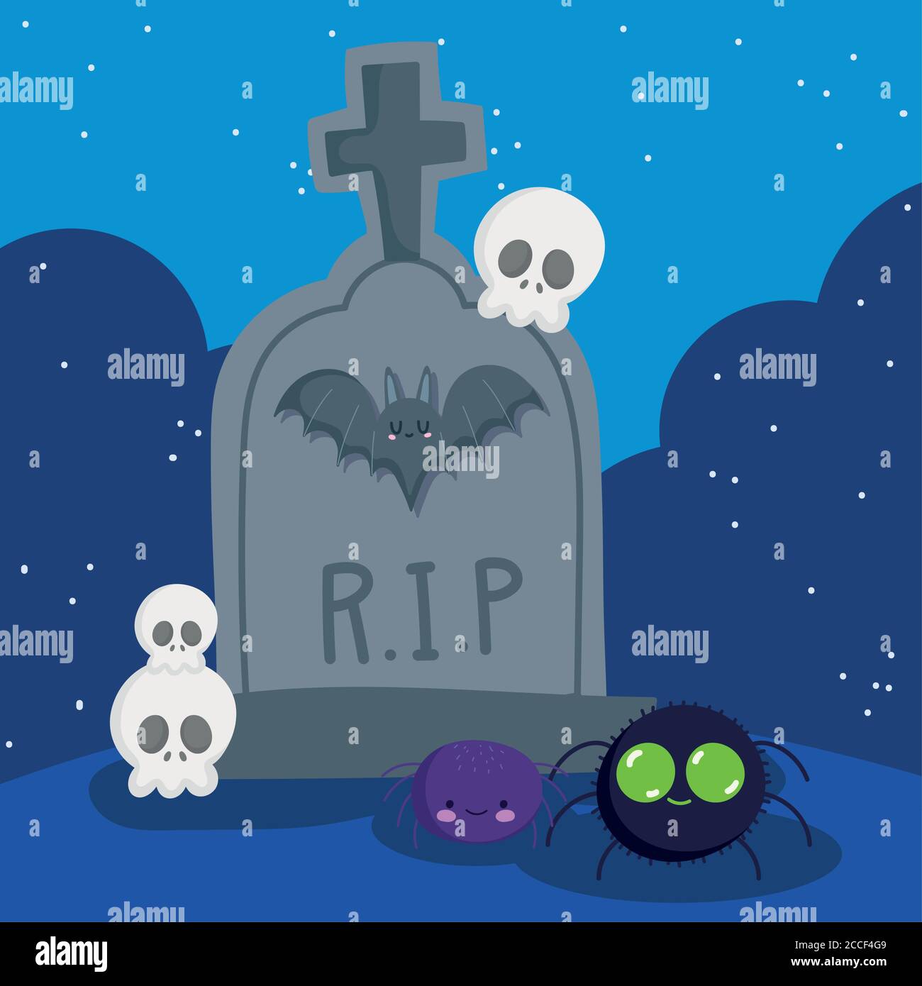 happy halloween, gravestone spiders skulls night trick or treat party celebration vector ...