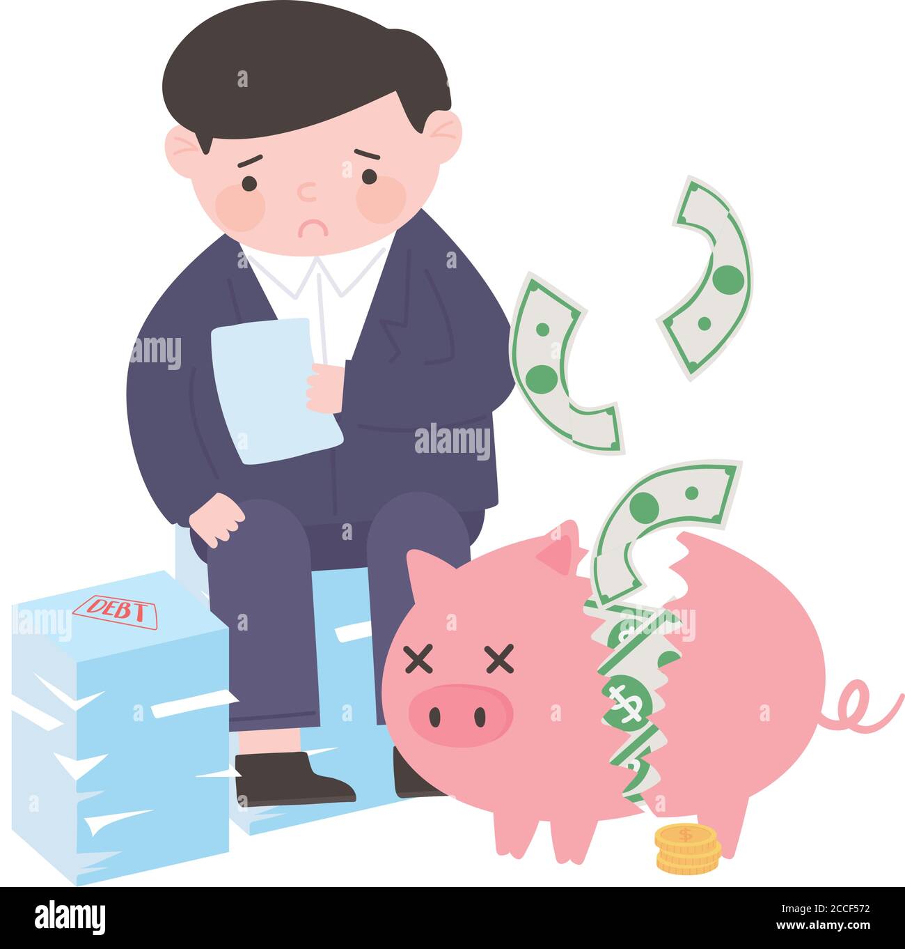 bankruptcy sad businessman piggy bank banknotes money business ...