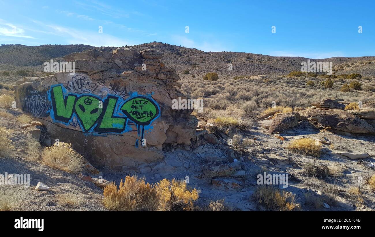 Alien themed Graffiti on rocks near Rachel Nevada, United States Stock ...