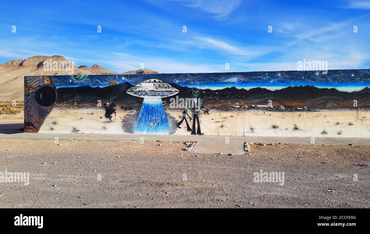 Alien and UFO mural at ET Fresh Jerky store, Hiko Nevada USA Stock ...