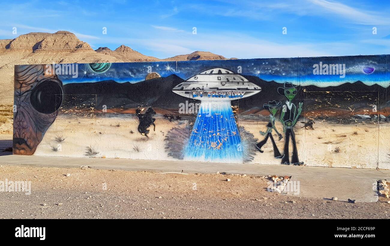 Alien and UFO mural at ET Fresh Jerky store, Hiko Nevada USA Stock ...