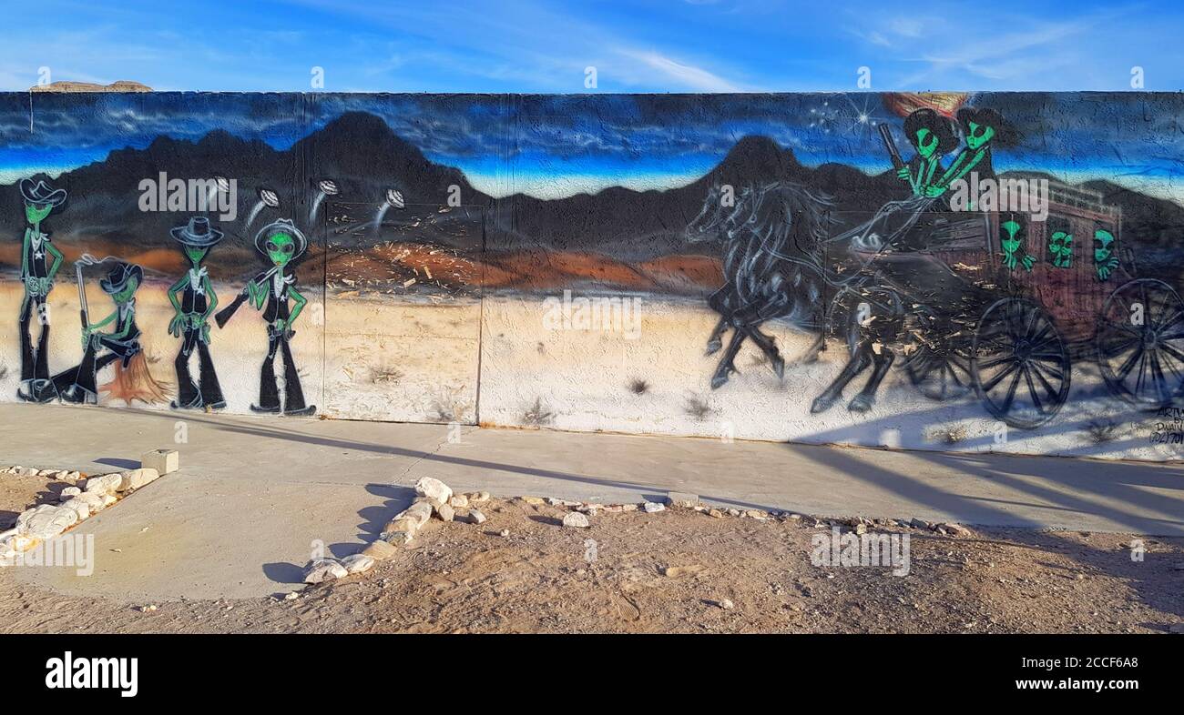 Alien and UFO mural at ET Fresh Jerky store, Hiko Nevada USA Stock ...
