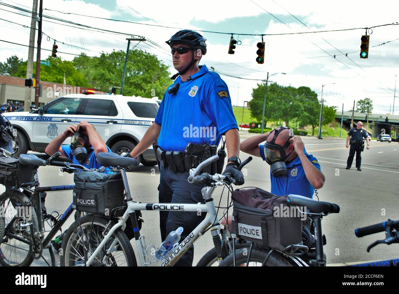 Dayton, Ohio United States 05/30/2020 police officers putting on gas ...