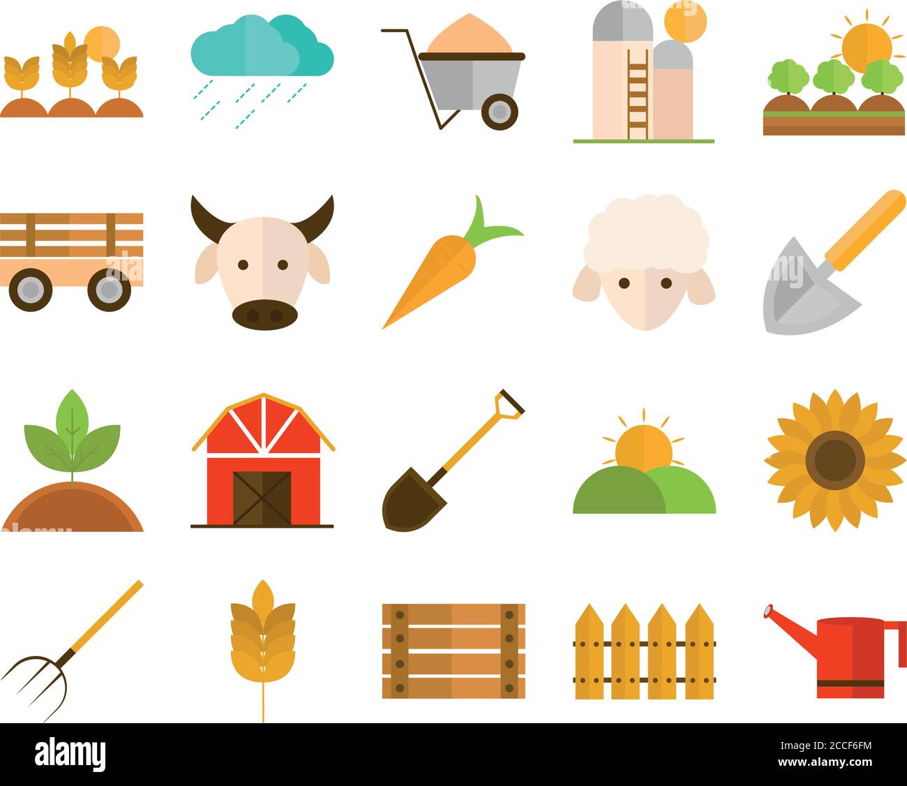 agriculture work equipment farm cartoon flat icon style vector ...