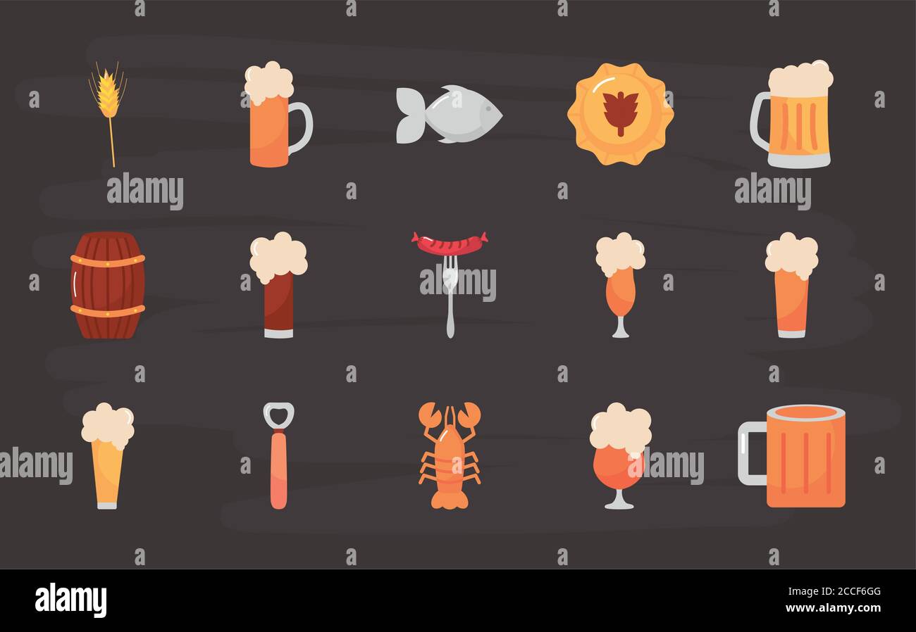 fish and oktoberfest festival icon set over white background, brown ...