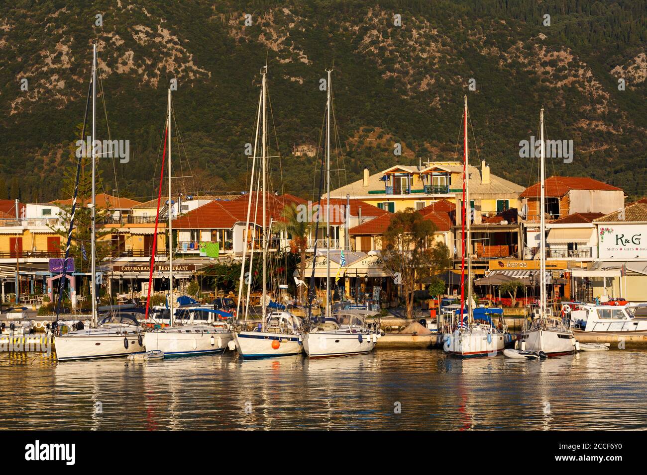 Boats in the harbour of Nydri village on Lefkada island in Greece Stock ...