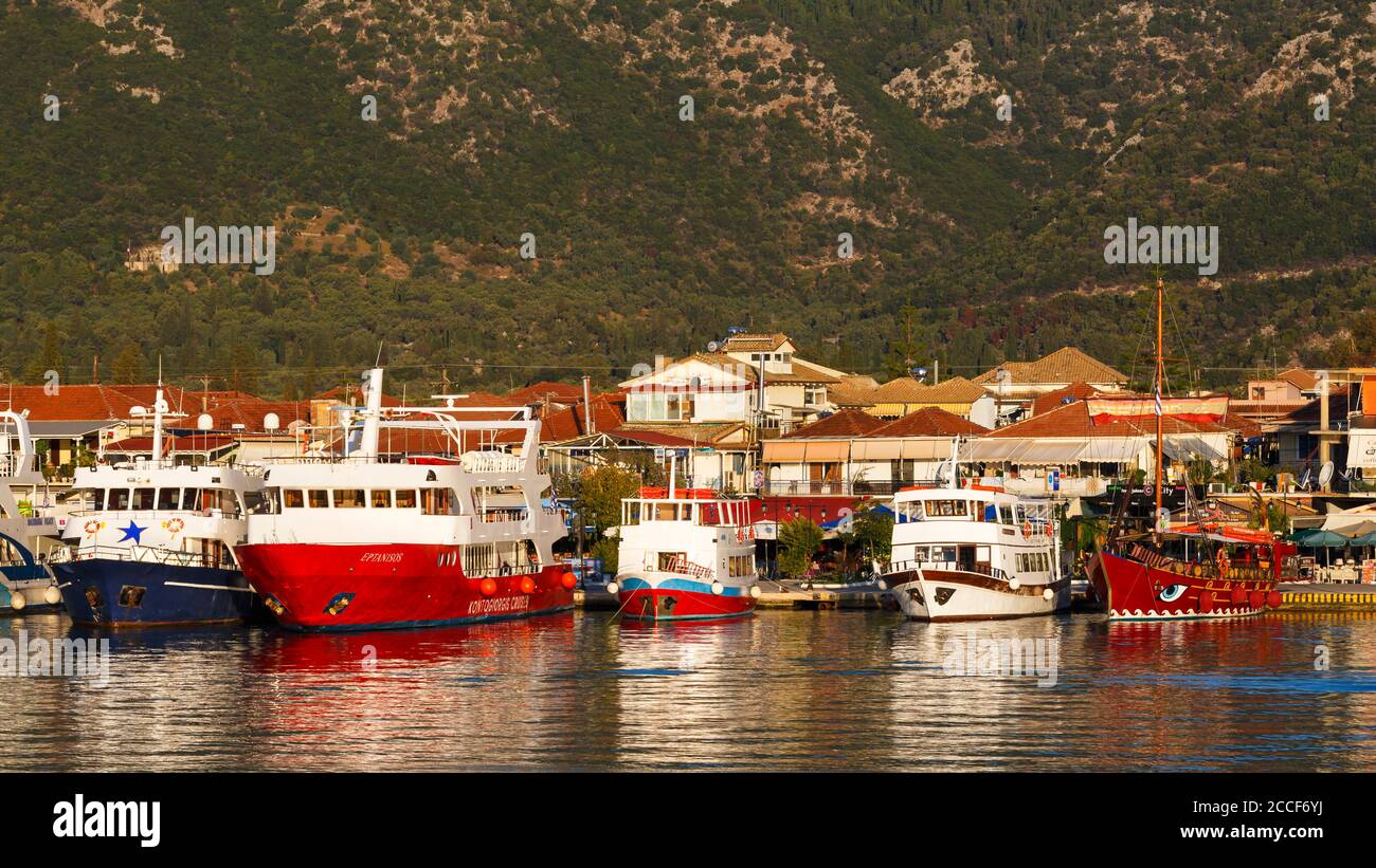 Cruise ships in the harbour of Nydri village on Lefkada island Stock ...