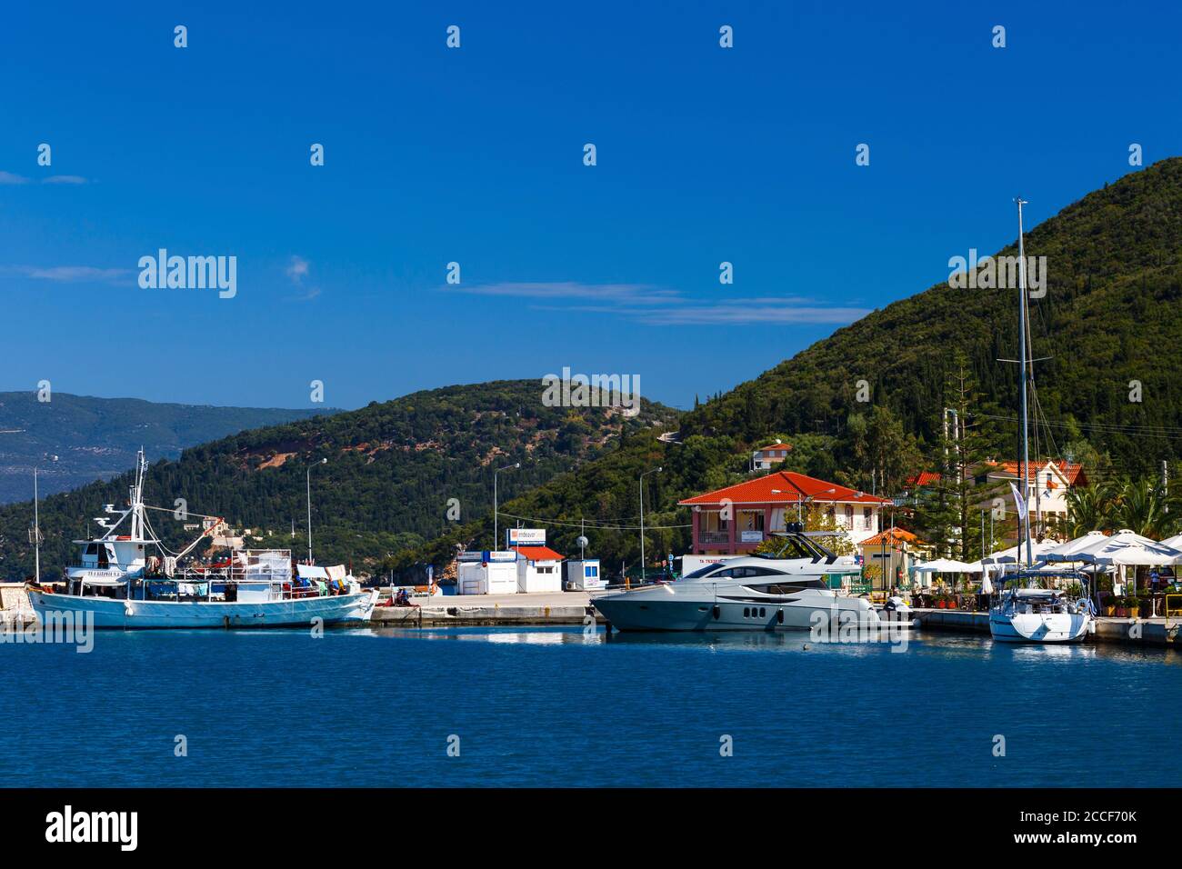 Harbor of the Sami village on Kefalonia island in Greece Stock Photo ...