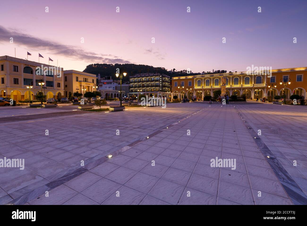 Sunset at Solomos square in Zakynthos town, Greece Stock Photo - Alamy