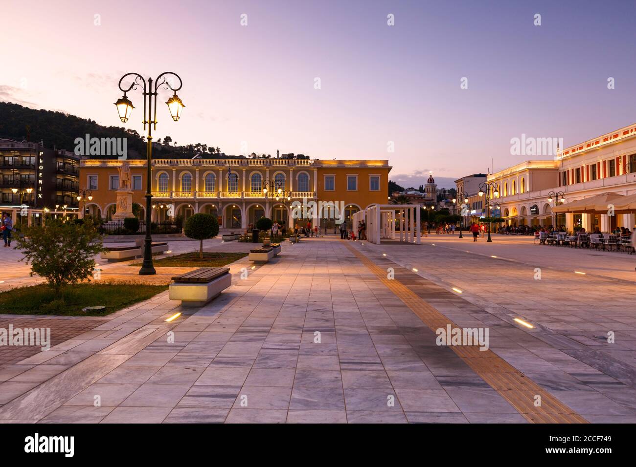 Sunset at Solomos square in Zakynthos town, Greece Stock Photo - Alamy