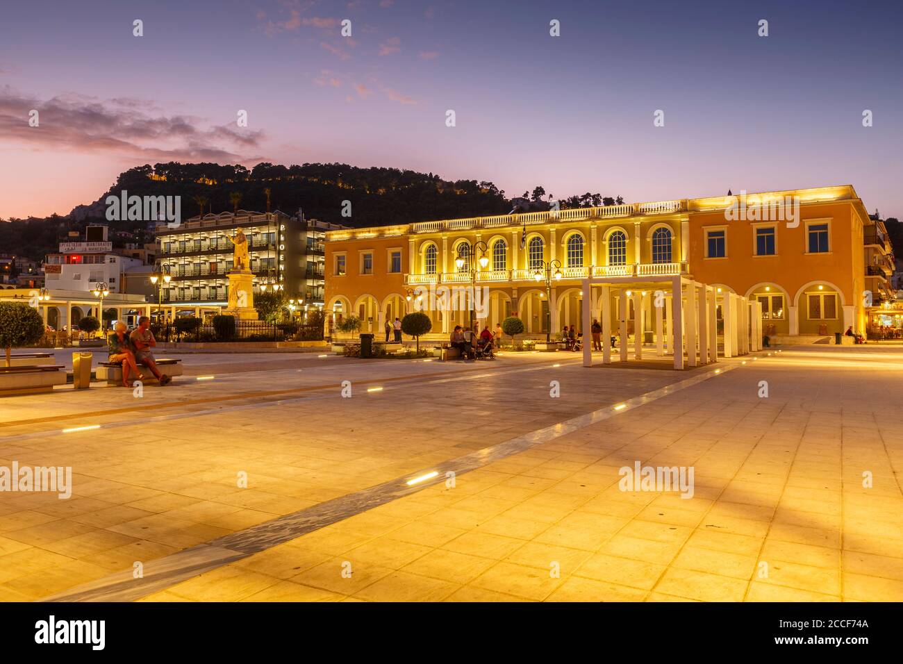 Sunset at Solomos square in Zakynthos town, Greece Stock Photo - Alamy